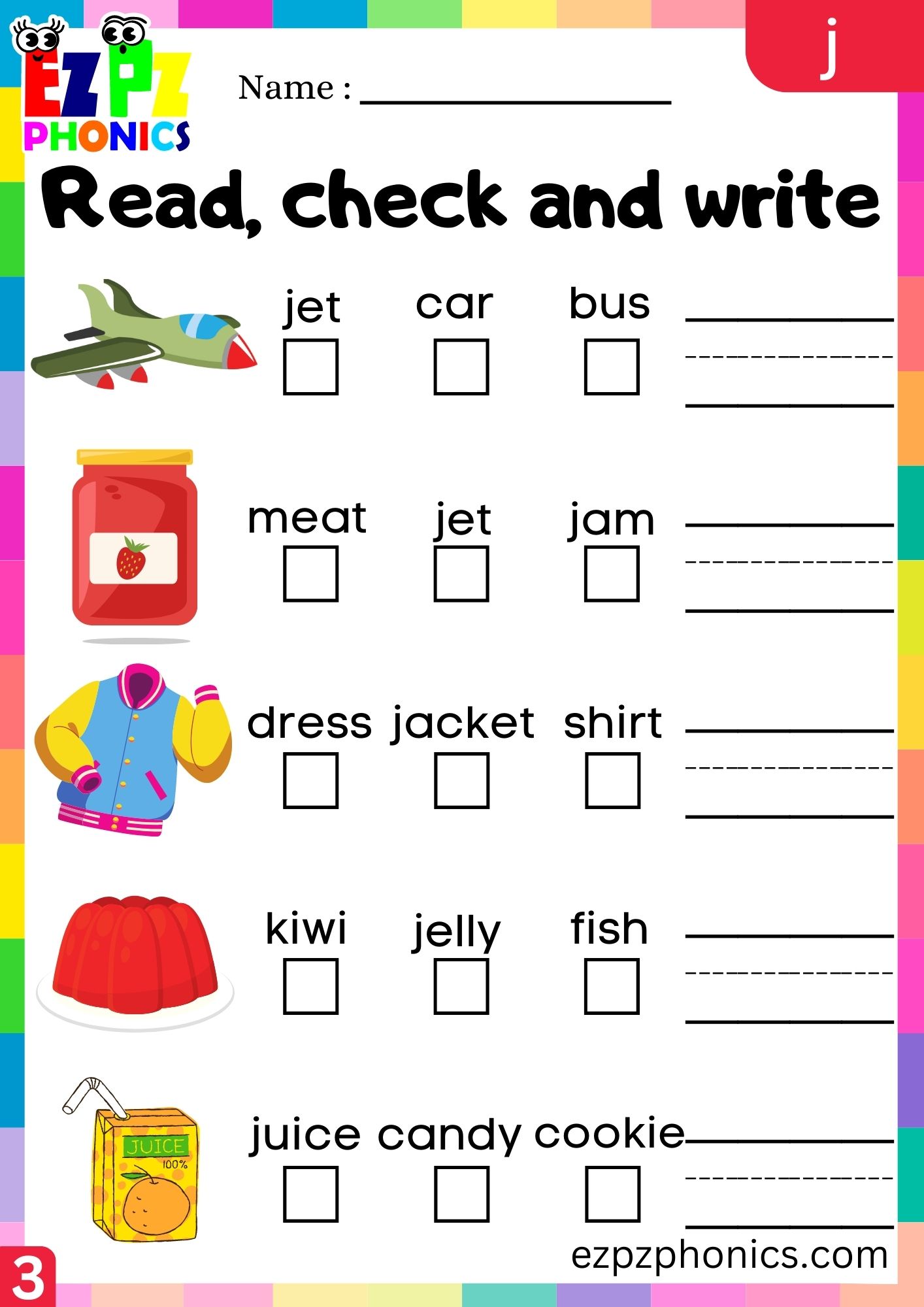 Letter j Read Check and Write the Words Phonics Activity Group 3 - ezpzphonics.com